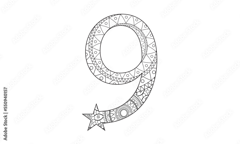 Zentangle stylized alphabet.Number 9 in doodle style. Hand drawn sketch ...