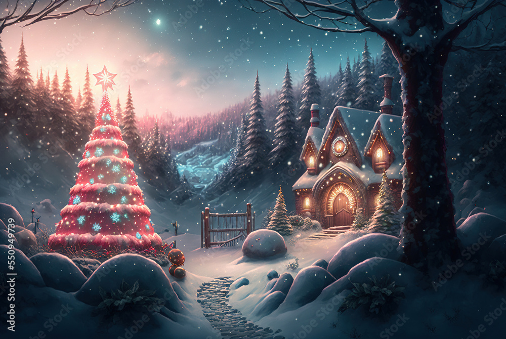 A beautiful Merry Christmas themed festive night scene in winter. A ...