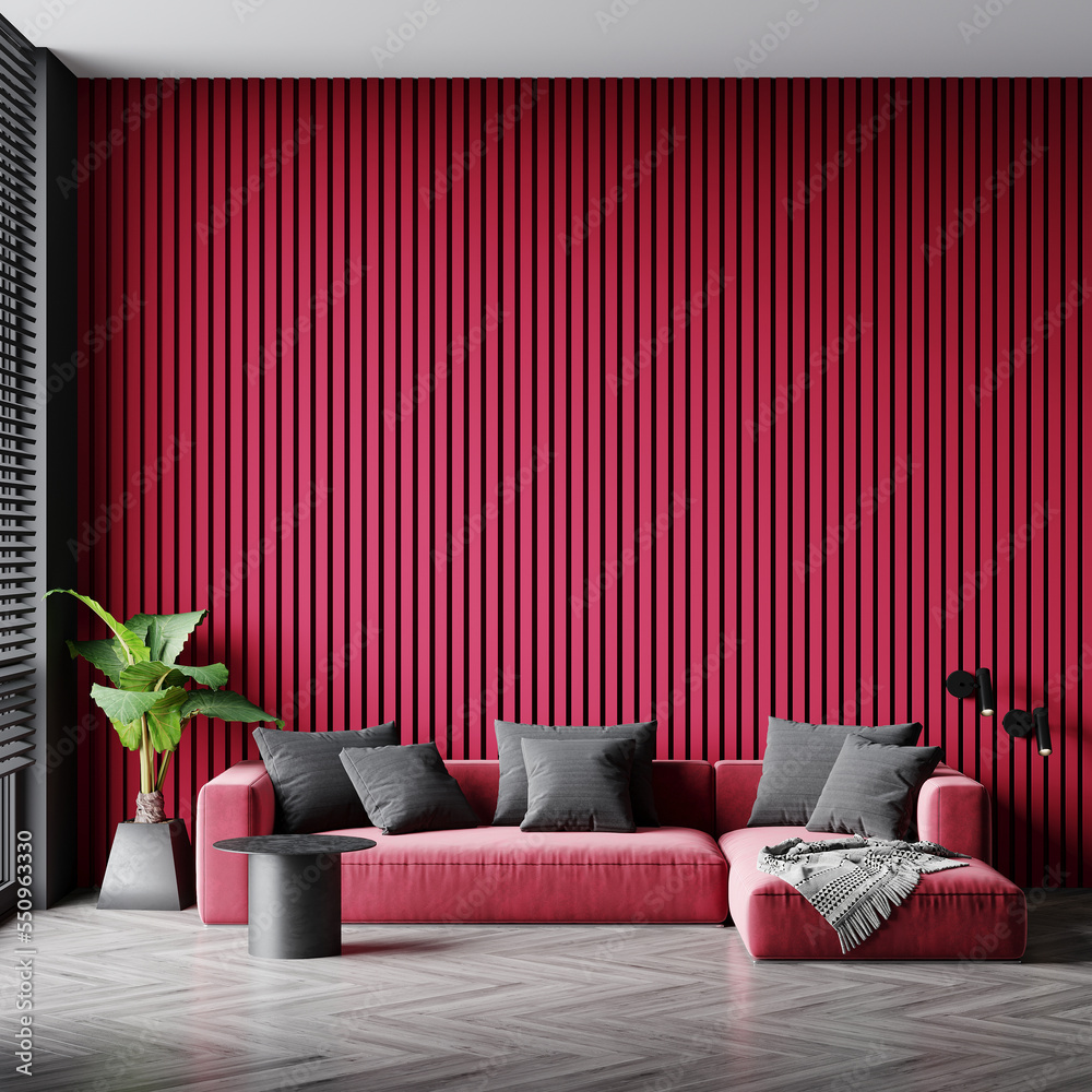Luxury living room in trend 2023 color. Viva magenta walls, lounge ...