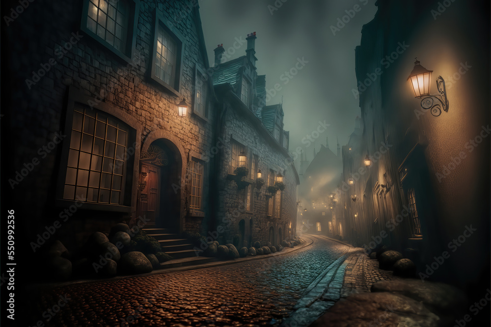 AI generated image of Victorian London on a moody evening with gas ...