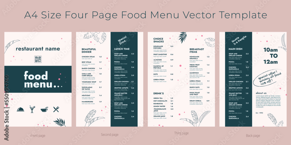 Restaurant cafe menu, template design, A4 size four page food menu ...
