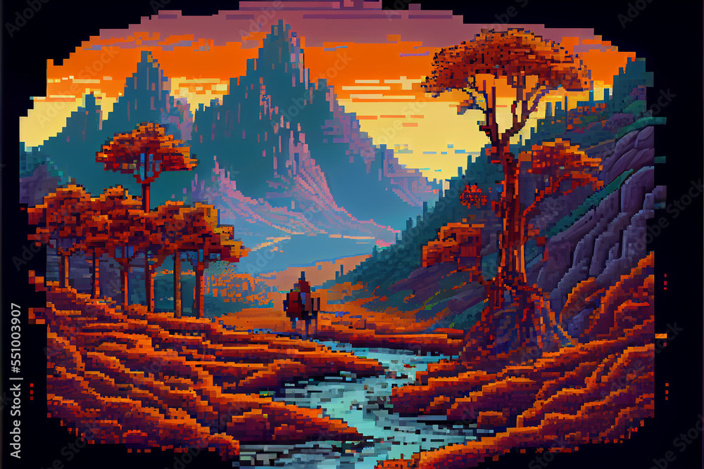 Ilustración de Stock 8 bit pixel art fantasy landscape | Adobe Stock