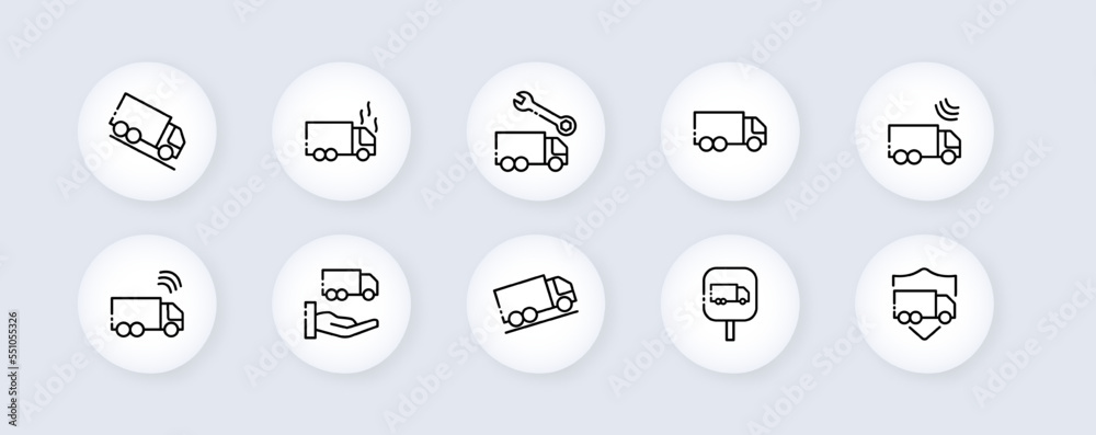 Car accidents set icon. Warning signs, minivan, collision, overheating ...
