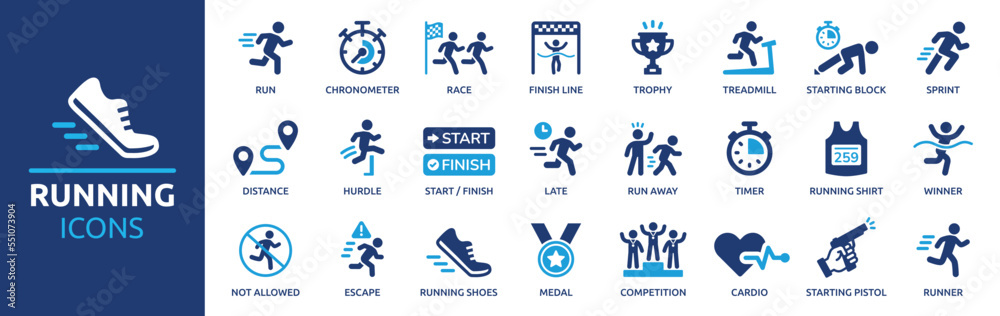Running icon set. Running sport icon elements. Containing runner, race ...