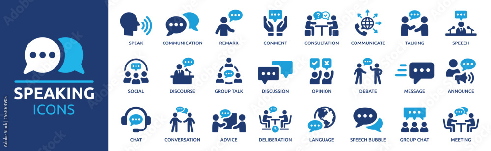 Speaking icon set. Communication icons collection. Containing ...