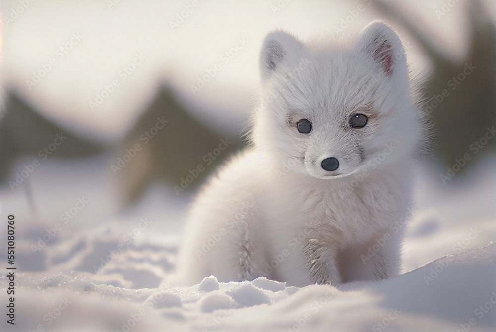 Baby Arctic fox (Vulpes Lagopus) in snow habitat, winter landscape ...