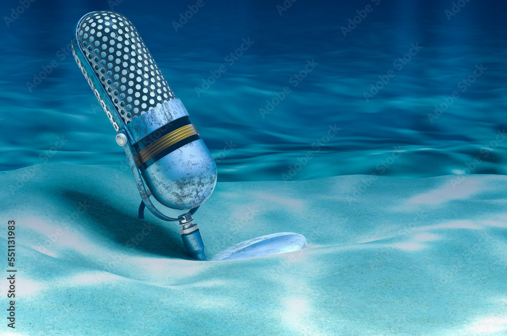 Retro microphone on ocean bottom underwater, 3D rendering Stock ...