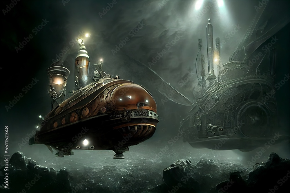 Futuristic steampunk sci-fi submarine exploring deep sea underwater ...