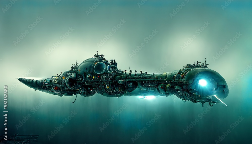 Futuristic dieselpunk style sci-fi submarine exploring deep sea ...