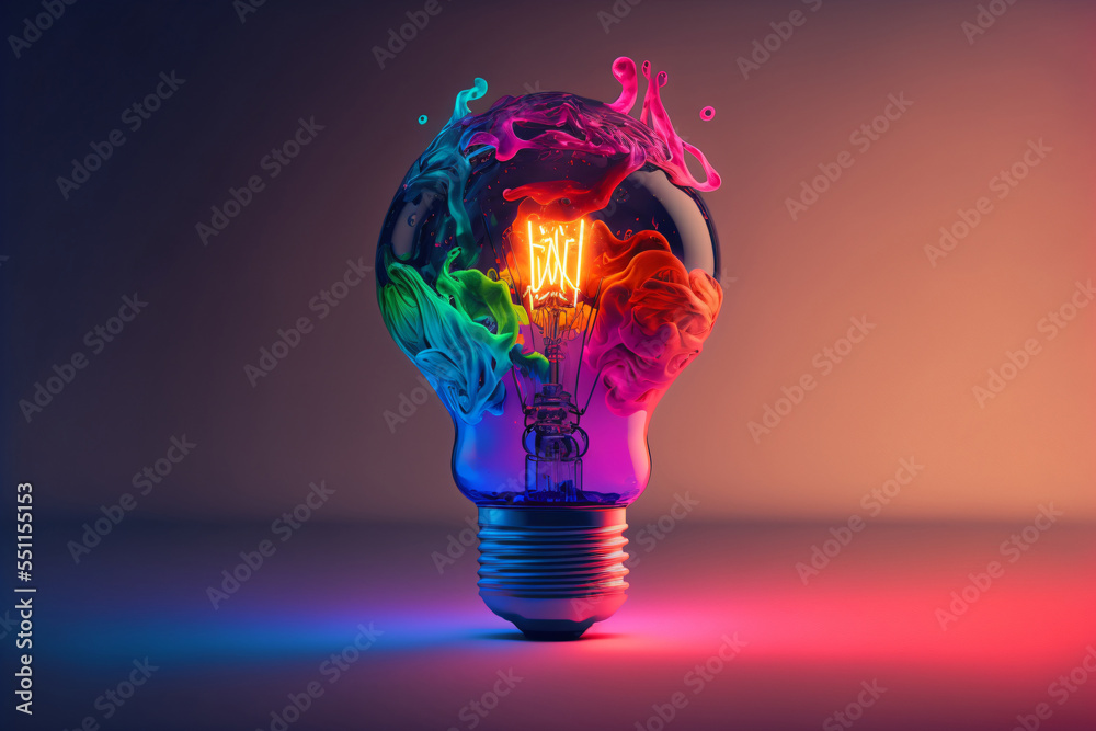 a colorful glowing idea bulb lamp, visualization of brainstorming ...