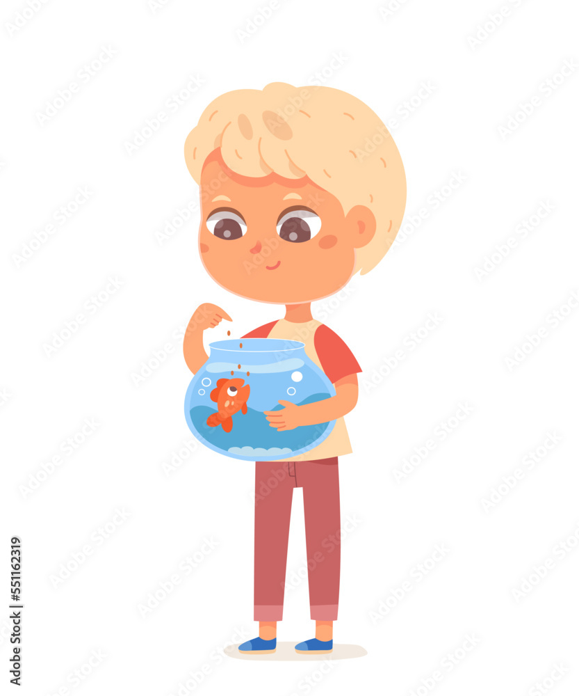 Boy feeding fish, kid holding round glass aquarium with water, swimming ...