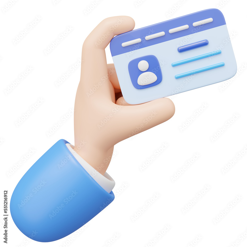3D Hand holding Id card and floating isolated on transparent. Approve identity verification card ...