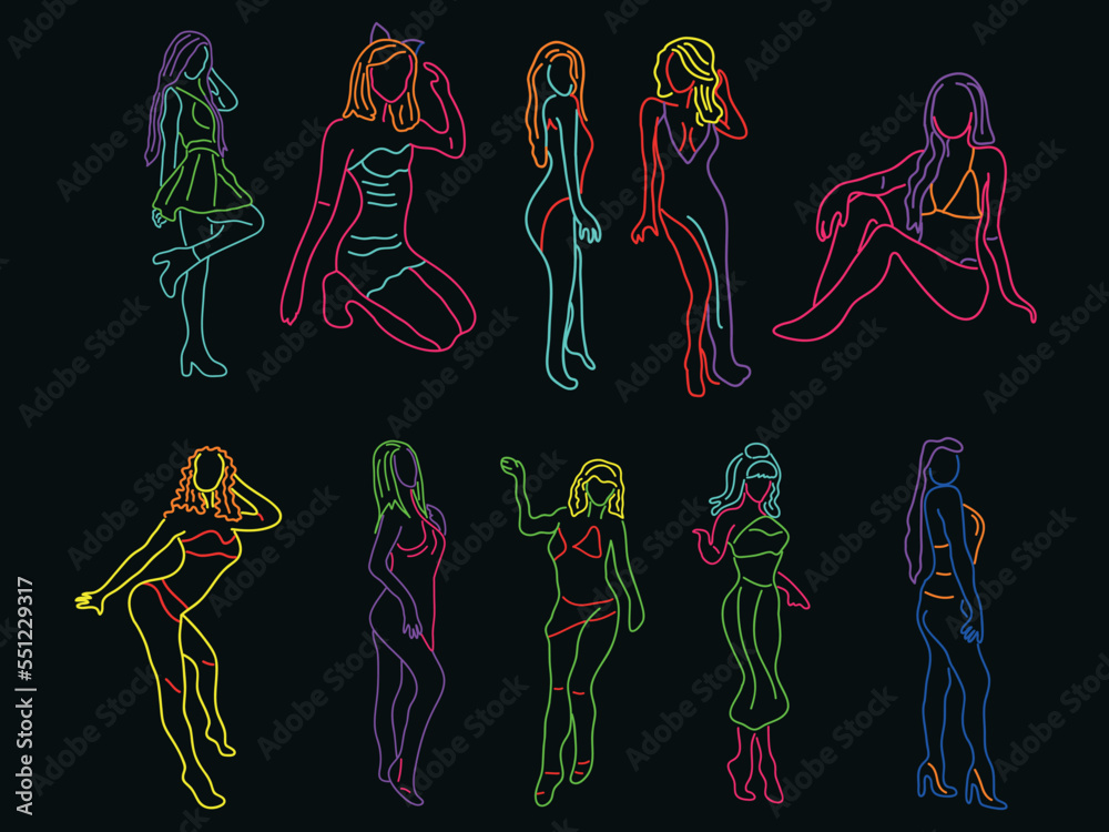 sexy girl clipart neon concept collection.stripped light outline light ...