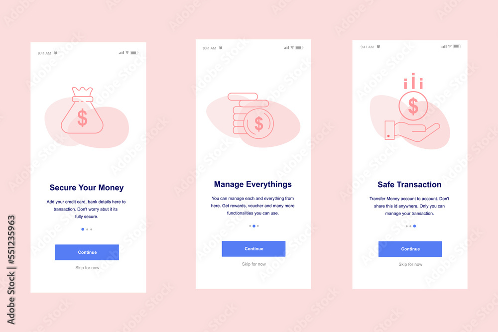 Online banking service. Three simple steps. Onboarding screens template ...