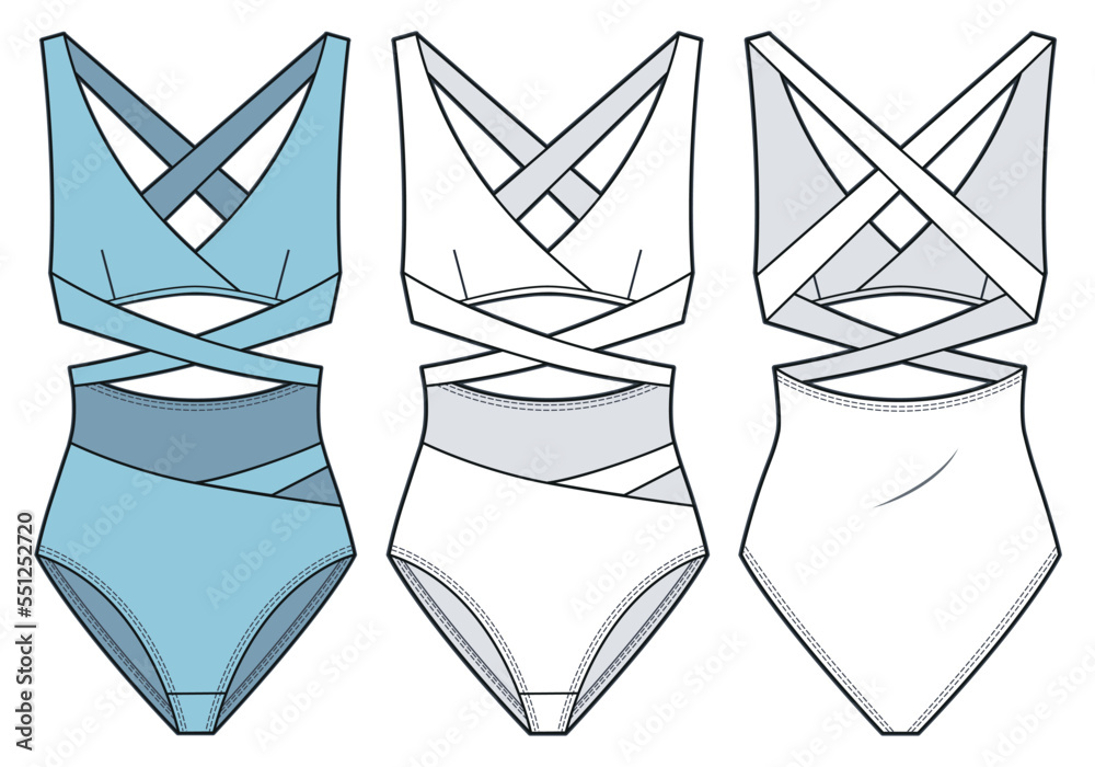 One-Piece Swimsuit technical fashion illustration, blue design ...