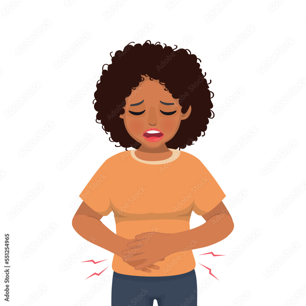 Young African woman suffering from stomachache, diarrhea, indigestion ...