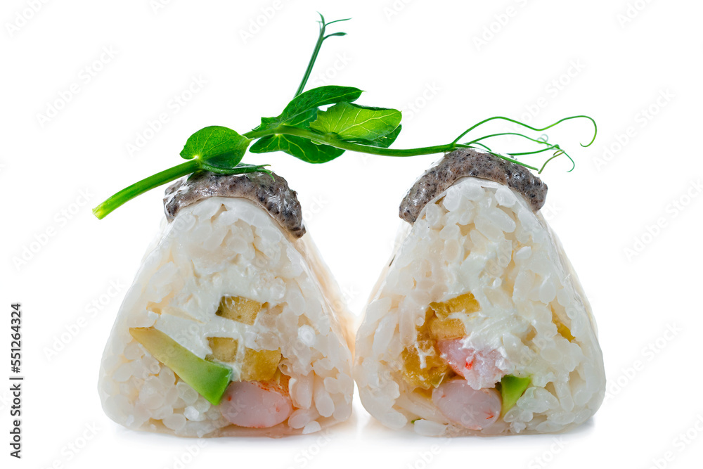 Sushi maki rolls made from rice paper, rice, cream cheese, shrimp ...
