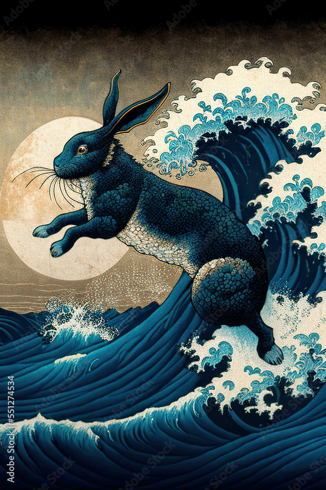 Black rabbit jumping on the great wave, black water rabbit, the sun ...