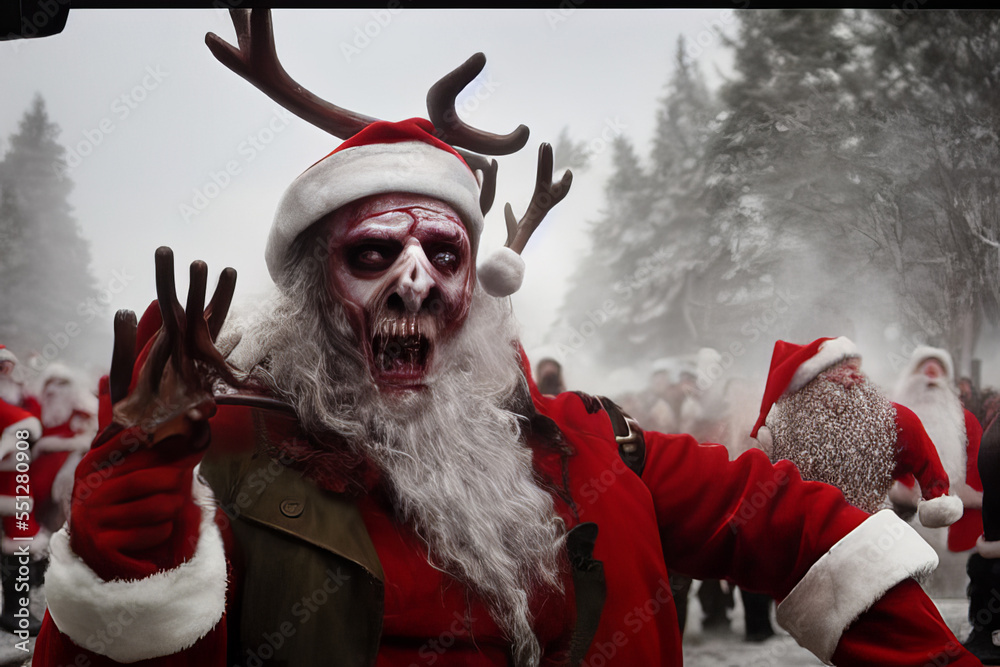 Mutated zombie santa claus and a huge crowd of mutated sick creatures ...