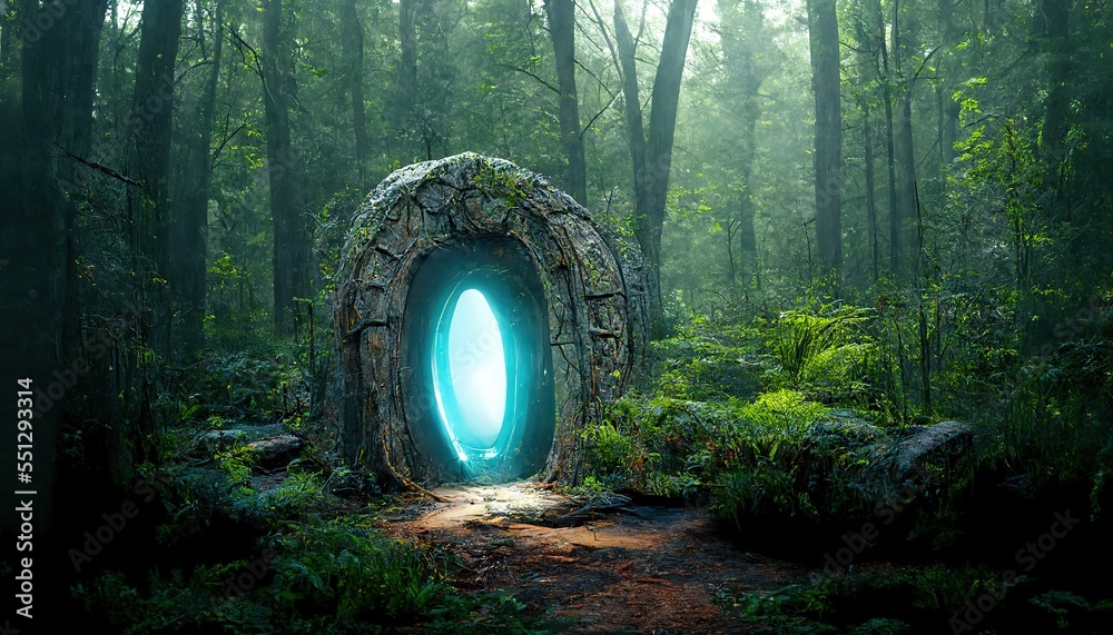 Raster illustration of a portal in the clearing in the forest ...