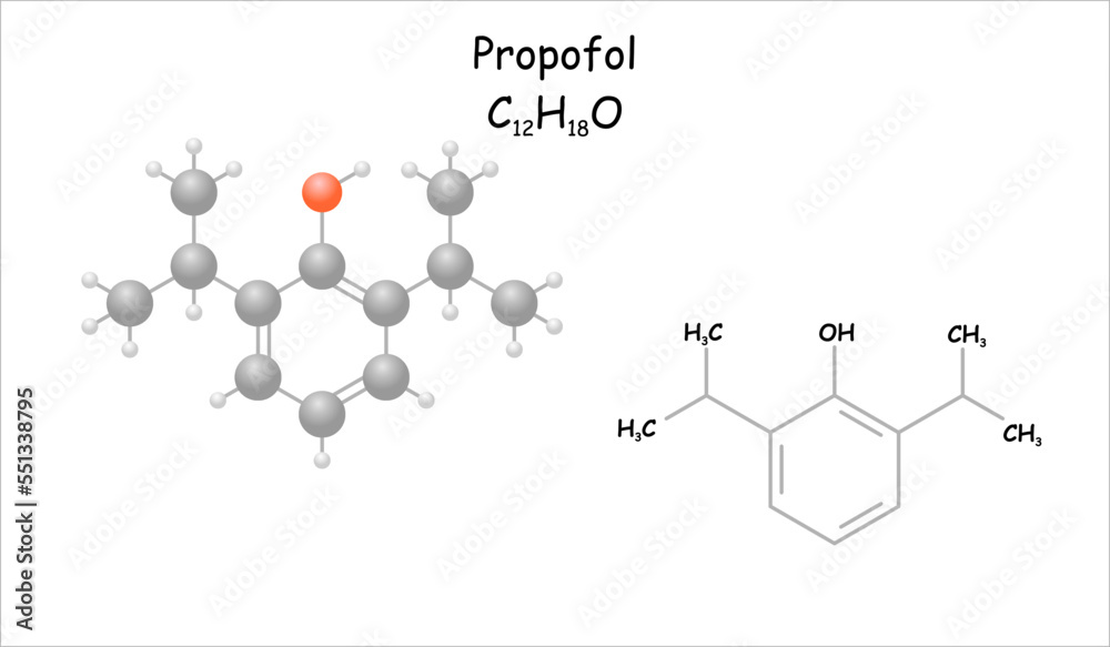 Stylized molecule model/structural formula of propofol. Use as ...