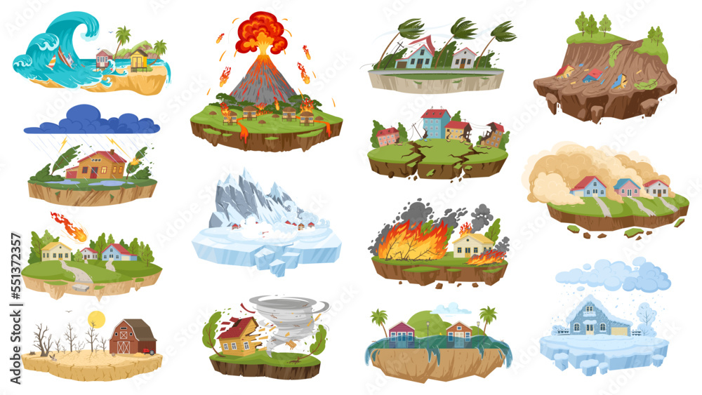 Cartoon natural disasters, flooding, earthquake and snow blizzard ...
