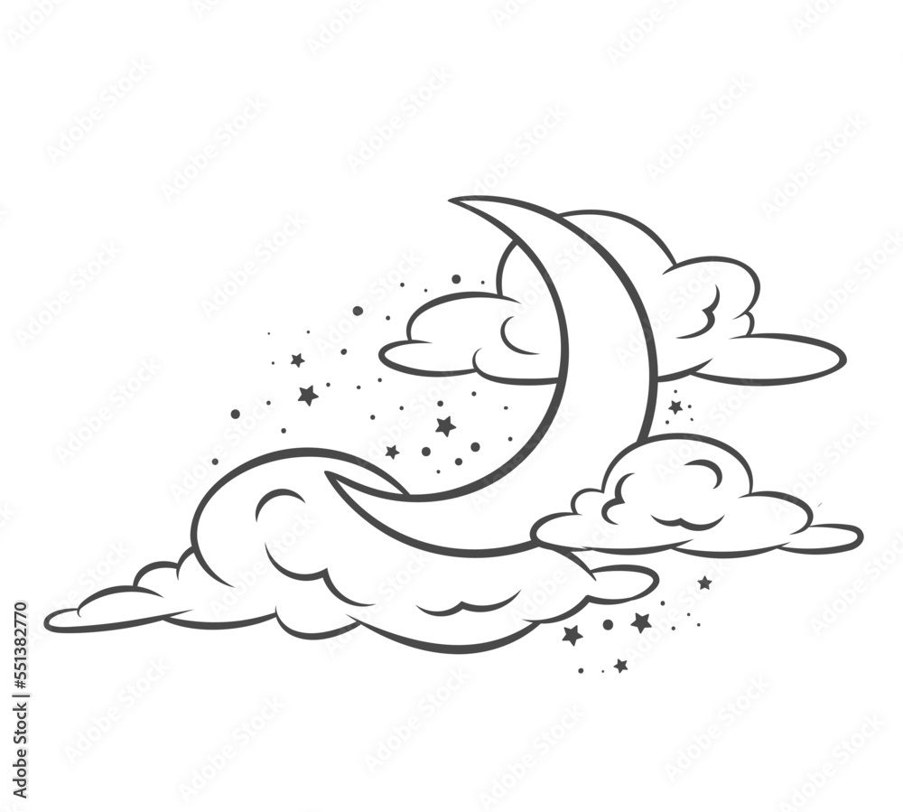 Half moon and clouds at night line icon vector illustration. Hand drawn ...