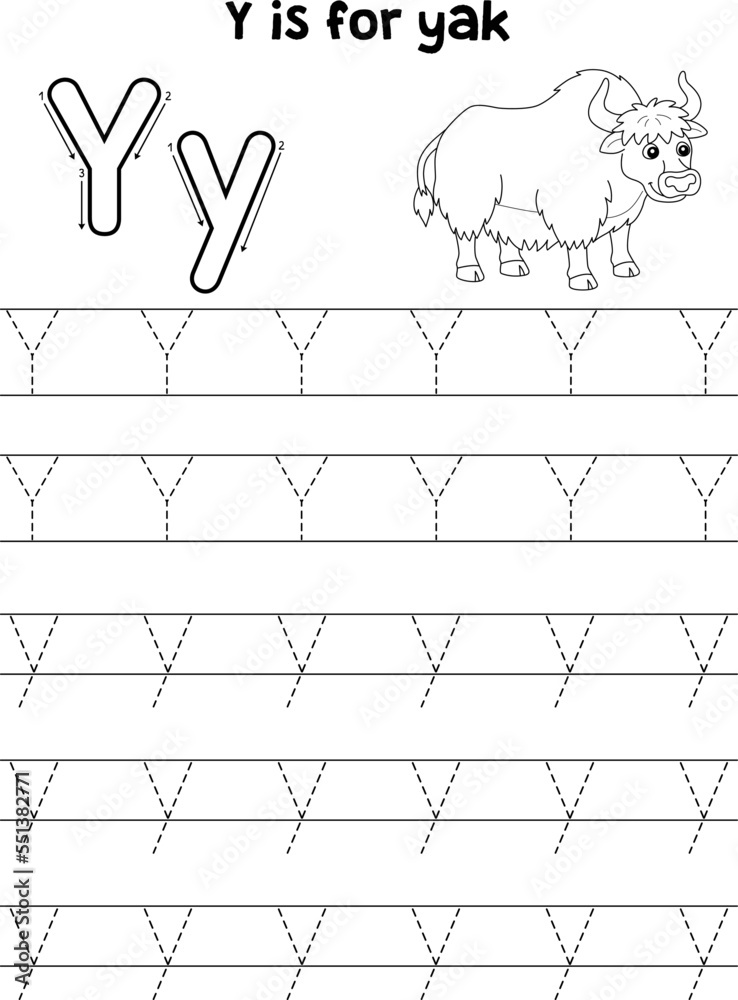 Yak Animal Tracing Letter ABC Coloring Page Y Stock Vector | Adobe Stock