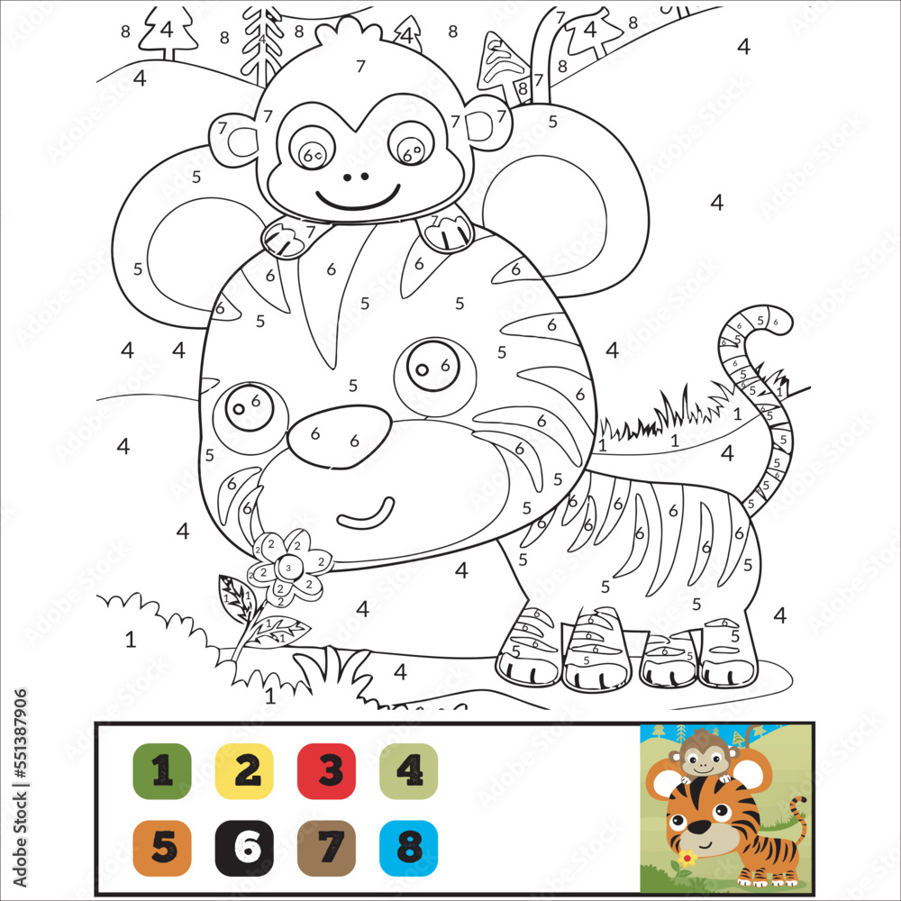 Number coloring page for children. Cute cartoon tiger. Jungle animals ...