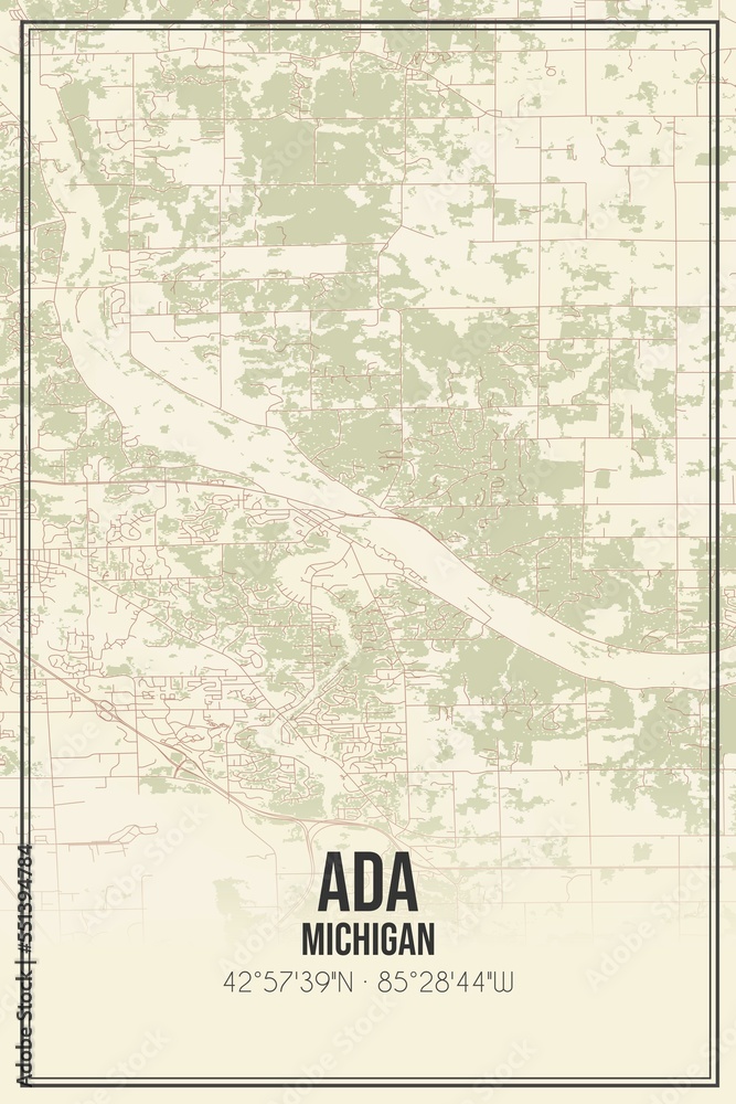 Retro US city map of Ada, Michigan. Vintage street map. Stock ...