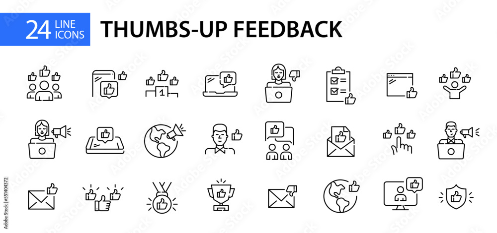 24 positive customer feedback icons. Thumbs up social media likes ...