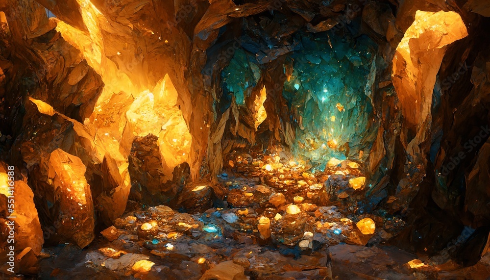 Fantasy setting gold mine tunnel with glittering gold, colorful jewels, and other minerals. AI ...