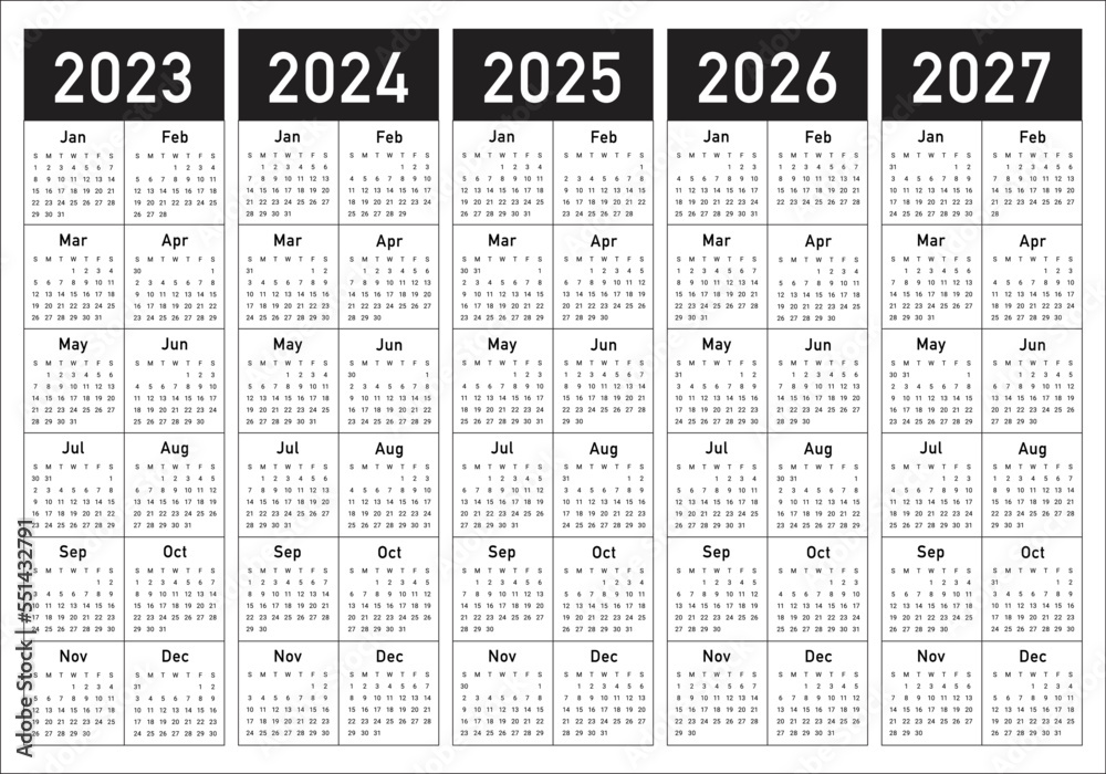 2023 2024 2025 2026 2027 calendar year vector design template, simple ...