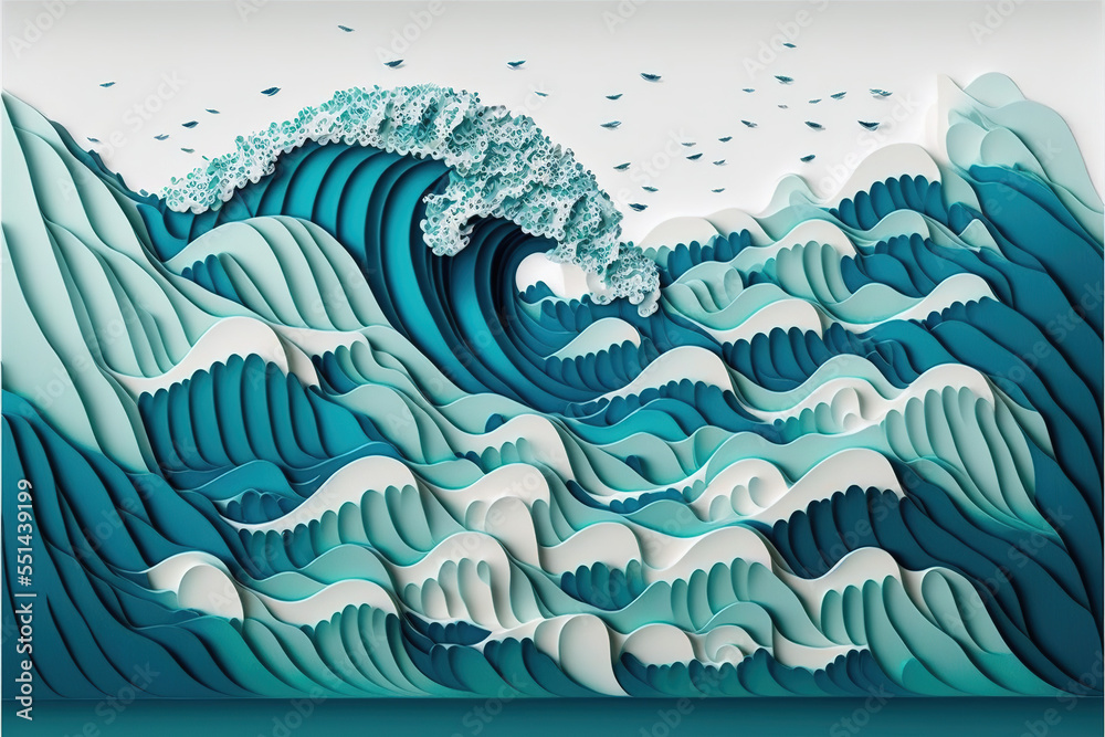 blue paper cutout waves, ocean scene with foam tipped waves crashing onto the shore, paper ...