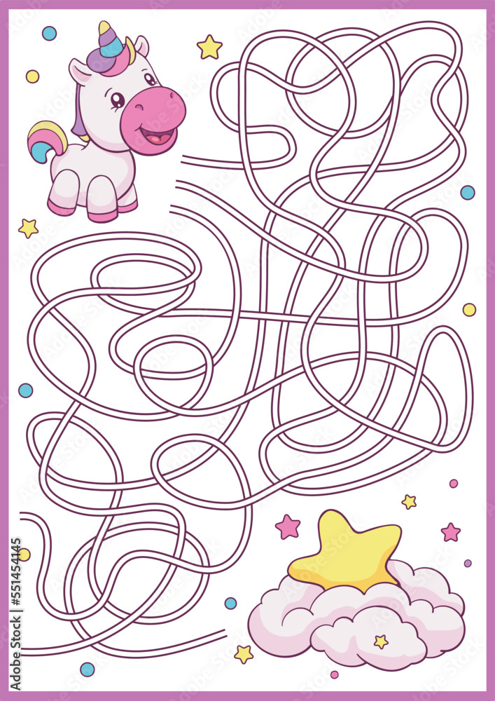 Maze with cute unicorn. Activity page for kids. Children riddle ...