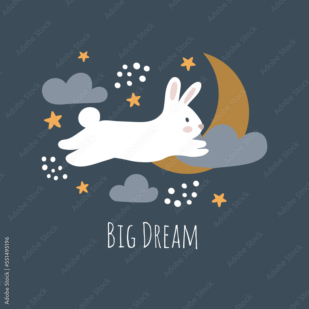 Moon and stars bunny illustration. Children room, nursery concept ...