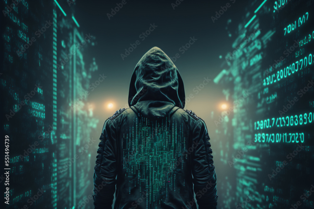 Hacker in black hoodie back side, with green binary data background ...