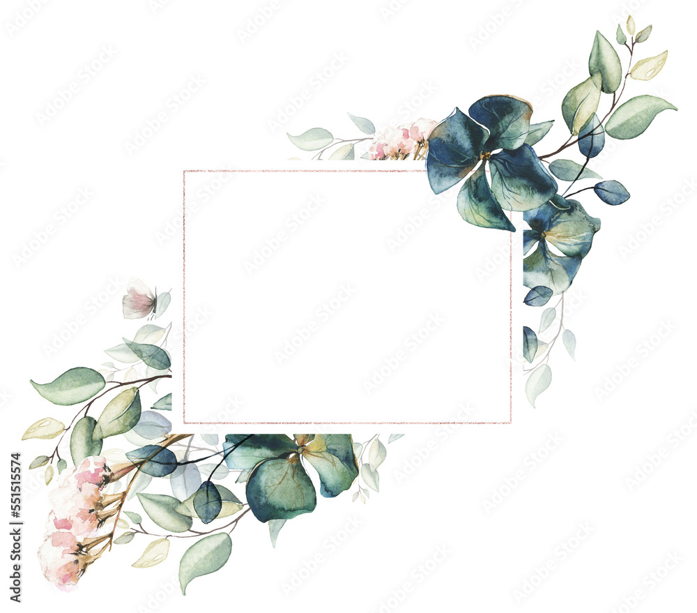 Watercolor floral rectangle frame. Arrangement with branches, leaves ...