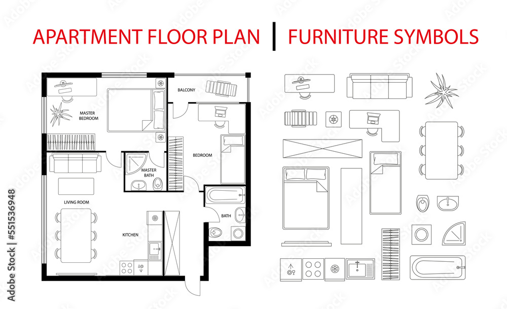 Plan floor apartments set. Icon design elements kitchen, bedroom ...