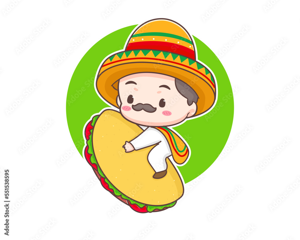 Tacos logo cartoon illustration. Cute chef wears sombrero hat holding ...