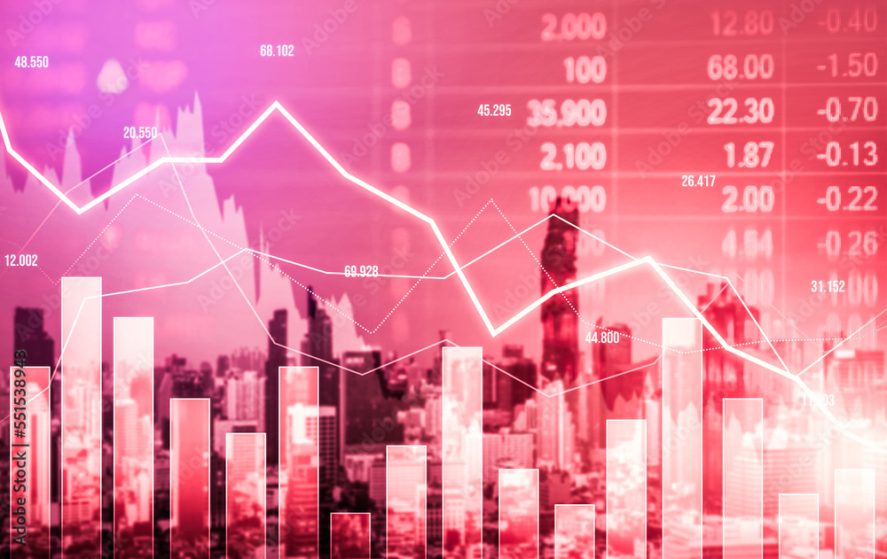 Stock market crash, declined economic, graph falling down and digital ...