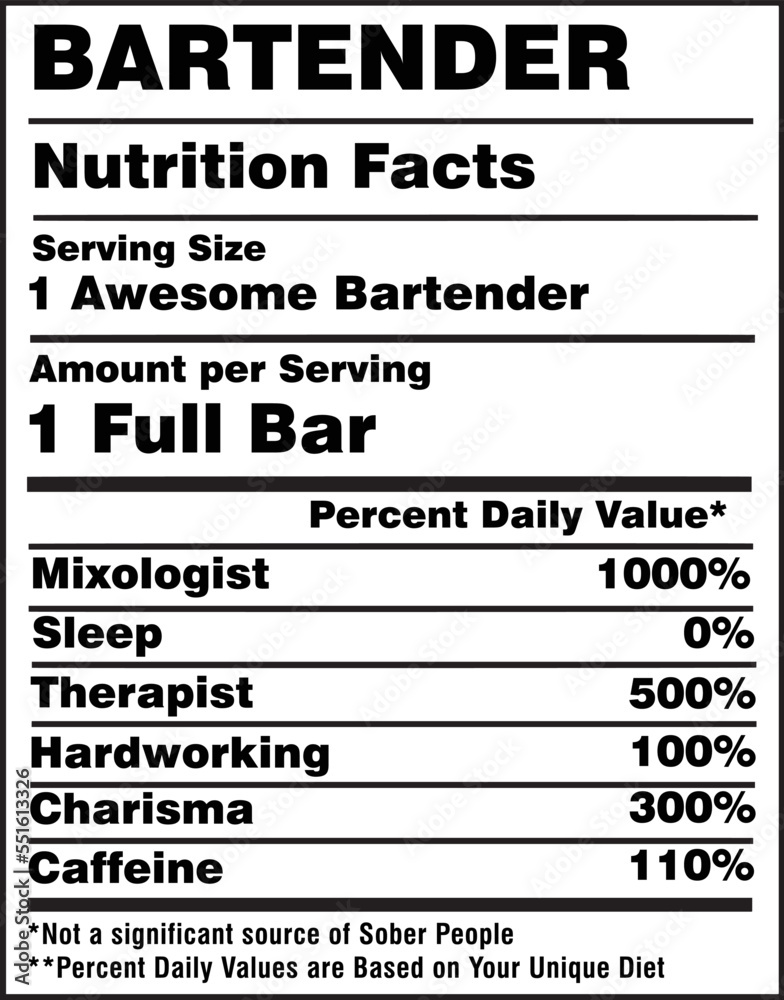 Bartender Nutrition Facts Label Vector Stock Vector | Adobe Stock