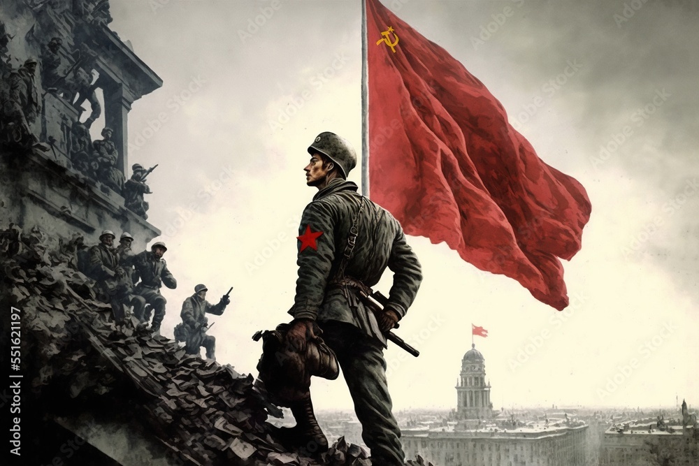 A red army soldier placing the soviet flag on top of the german ...