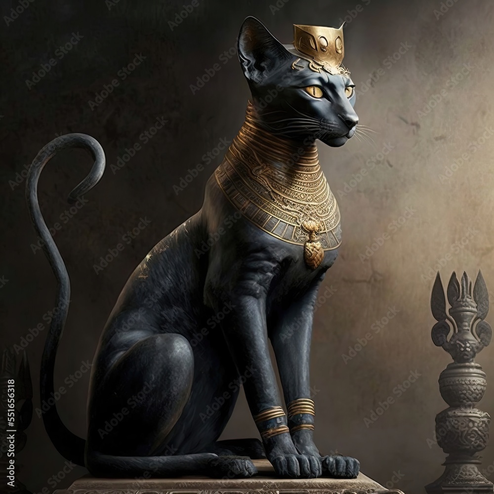 Ancient Egyptian black cat with golden ornaments. Statuette in black interior, podium. Ancient ...