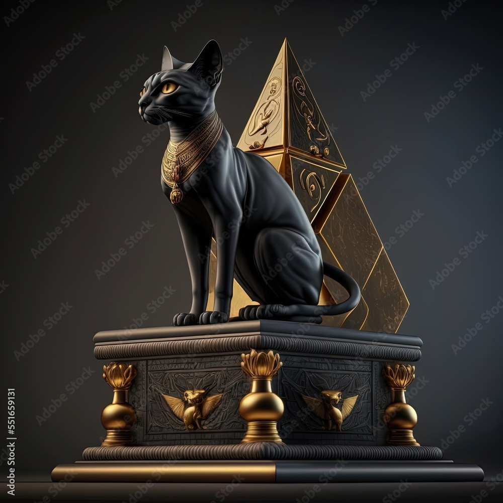 Ancient Egyptian black cat with golden ornaments. Statuette in black interior, podium. Ancient ...