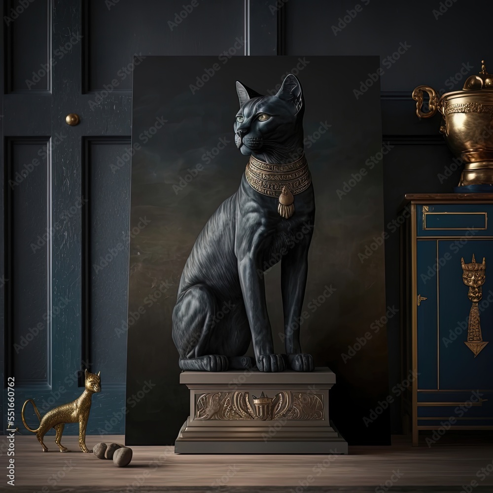 Illustration Stock Ancient Egyptian black cat with golden ornaments. Statuette in black interior ...