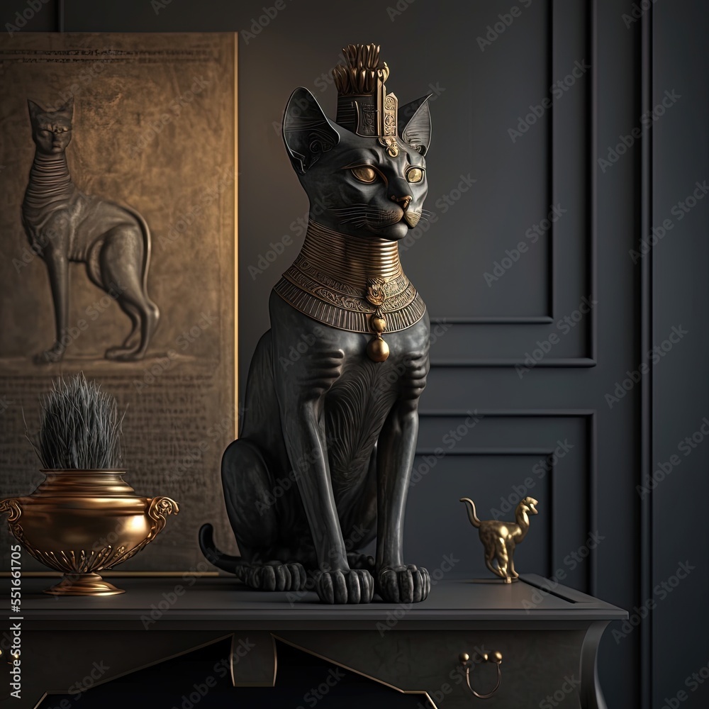 Ancient Egyptian black cat with golden ornaments. Statuette in black interior, podium. Ancient ...