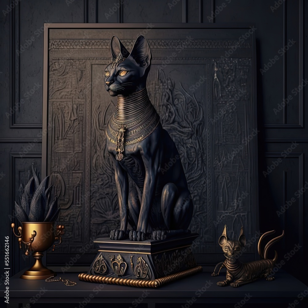 Ancient Egyptian black cat with golden ornaments. Statuette in black interior, podium. Ancient ...