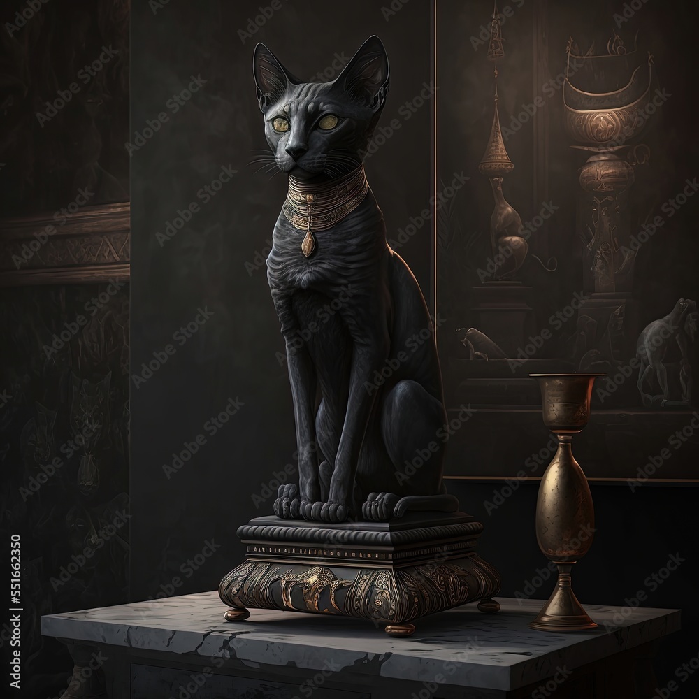 Ancient Egyptian black cat with golden ornaments. Statuette in black interior, podium. Ancient ...