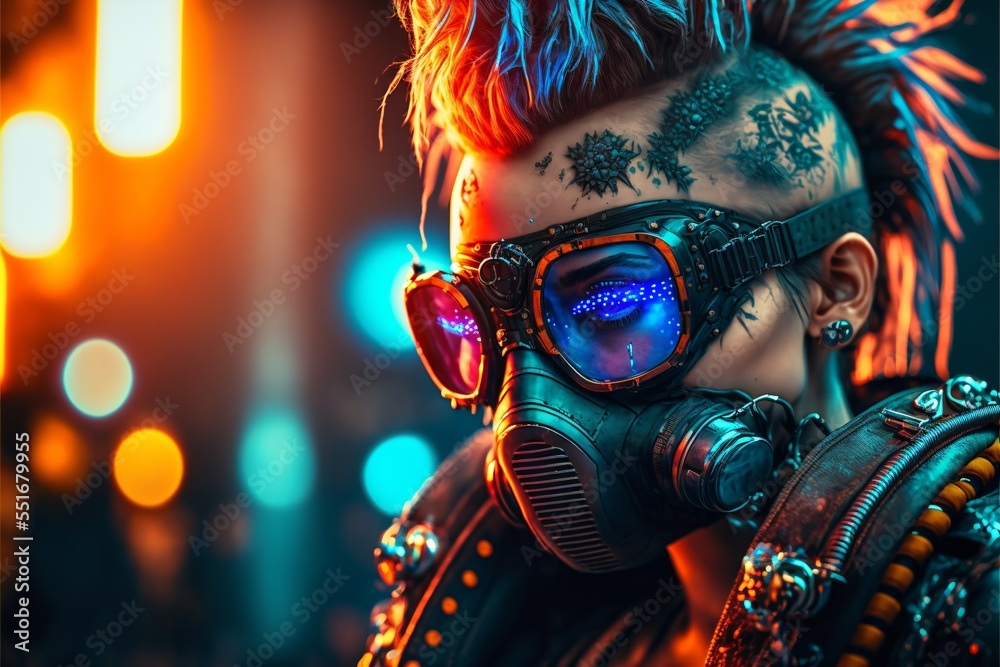cyberpunk girl in leather hoodie with gas mask, night city light bokeh ...